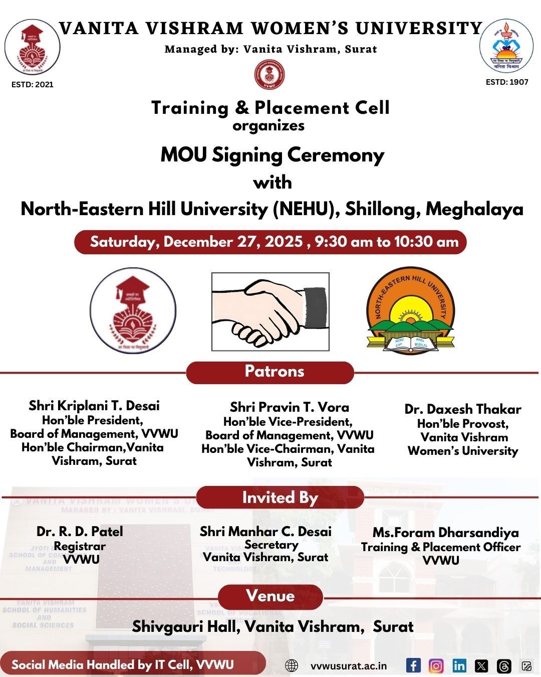 MOU Signing Ceremony with NEHU – Vanita Vishram Women's University
